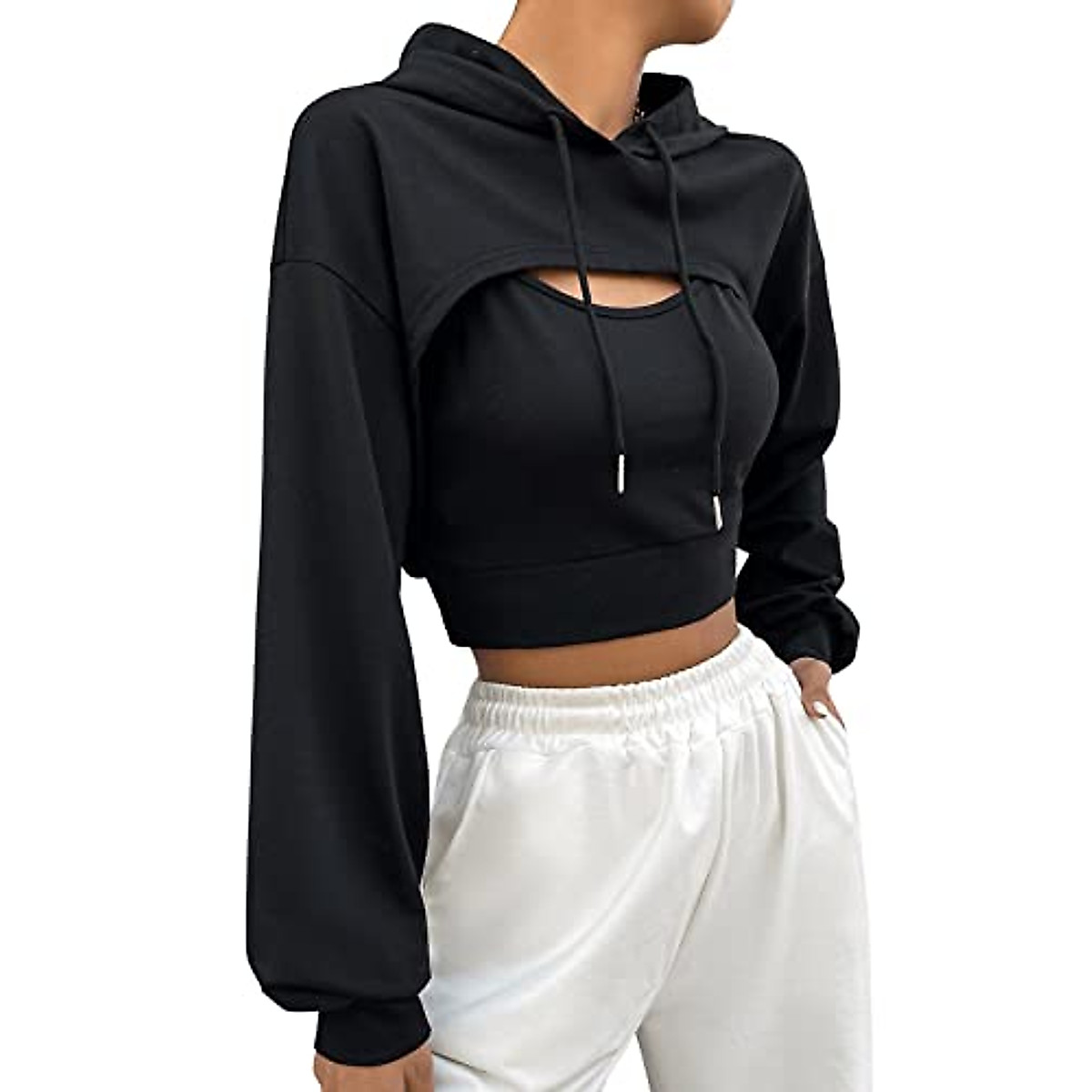 SweatyRocks Women's 2 Piece Outfits Long Sleeve Pullover Crop Top Sweatshirts Hoodie And Cami Tank Top Set Black M