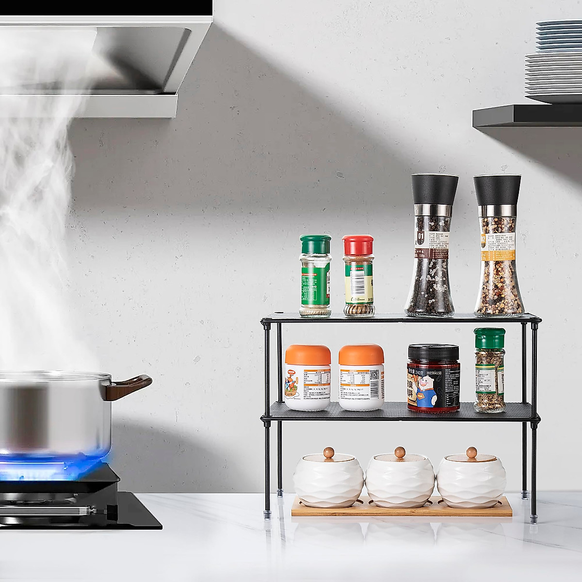 ASTOTSELL 2-Pack Kitchen Cupboard Shelf Organizer for Cabinet, Expandable & Stackable Counter Cupboard Organiser, Storage Rack for Bathroom, Kitchen, Laundry Room