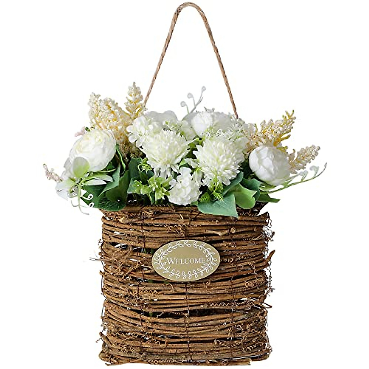 Spring Wreath Spring Front Door Decor Spring Flowers Basket Spring Welcome Sign Porch Farmhouse Spring Artificial Flowers Wedding Home Decor (White)