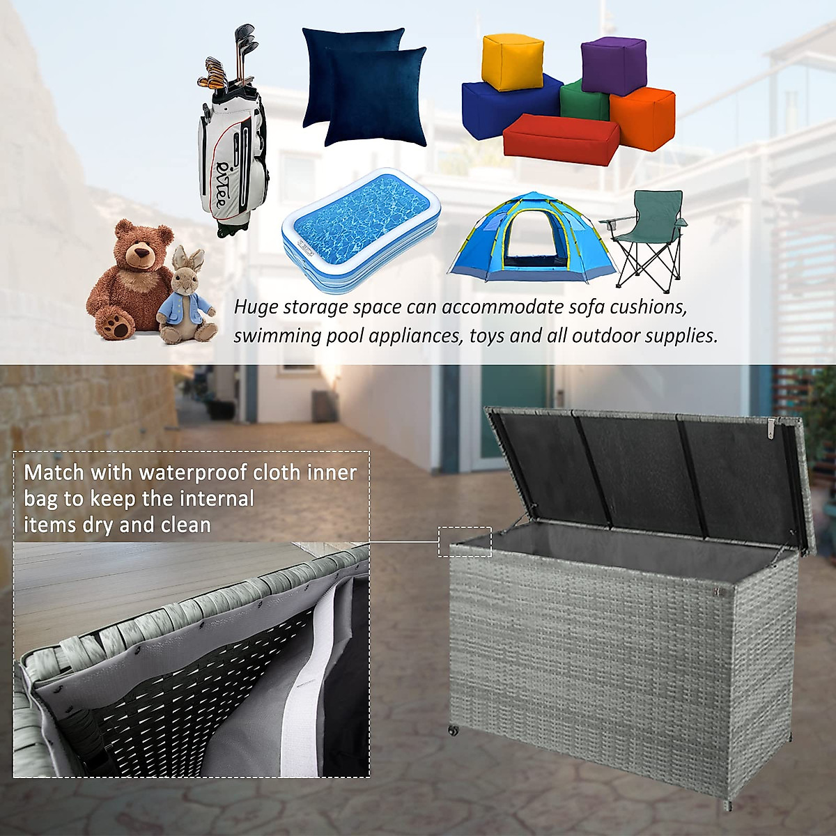 Polar Aurora Outdoor Large 150 Gallons Wicker Waterproof Lockable Storage Container Deck Box w/waterproof Inner Liner, Lid, Handle and Wheels for Patio, Porch, Garden, Yard, can Store Cushions, Garden Tools, Pool Accessories (Grey)