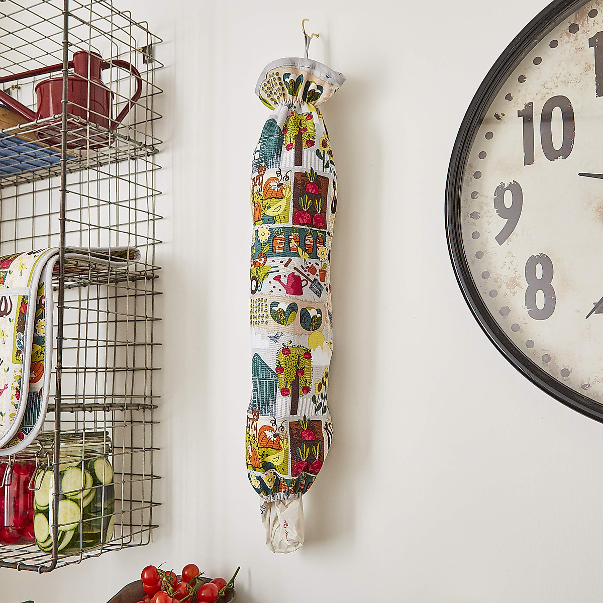 Grocery Plastic Bag Holder Dispenser with Decorative Print on Fabric | Storage Saver Cloth Sacks to Recycle and Reuse Plastic Bags | Set of 2 Hanging Grocery Bag Keeper