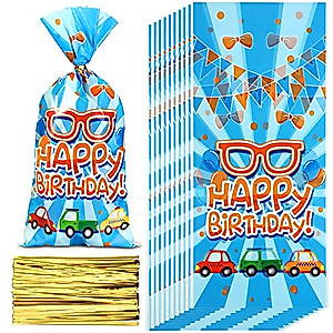 100 Pcs Birthday Party Cellophane Treat Bags English Teacher Party Bags Plastic Candy Goodie Bags Birthday Favors Gift Bags with 100 Pcs Twist Ties for Kid Blue Orange Themed Party Decoration Supplie