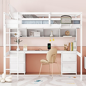Full Size Loft Bed with Desk and Storage, Wooden Loft Beds Frame with Charging Station, High Loft Beds with 4 Drawers & 4 Shelves & 2 Outlets & 2 USB Port for Kids Teens Adults, White