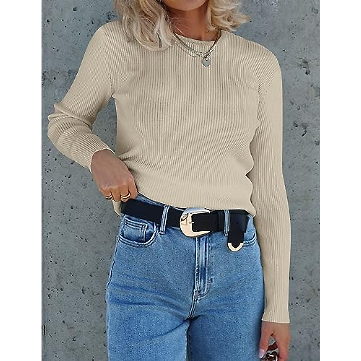 ZESICA Women's Long Sleeve Crewneck Shirts 2023 Fall Clothes Ribbed Knit Sweaters Slim Fitted Casual Basic Tee Tops,Almond,Large