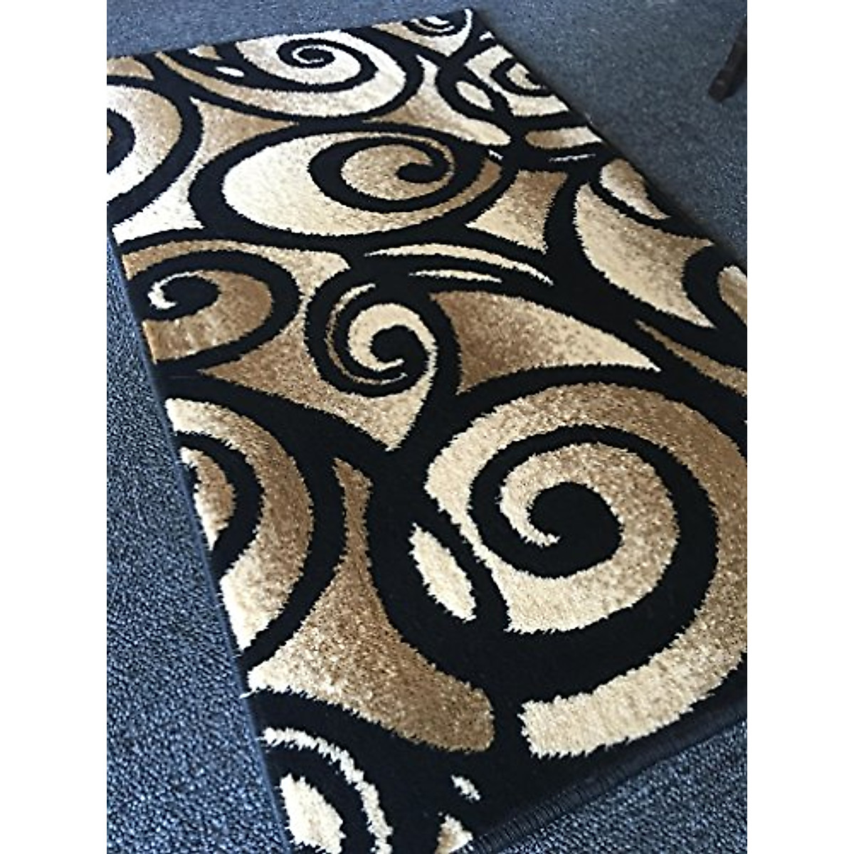 Bellagio Modern Doorway Mat Contemporary Area Rug Black Beige Abstract Swirl Design 341 (2 Feet X 3 Feet 4 Inch)