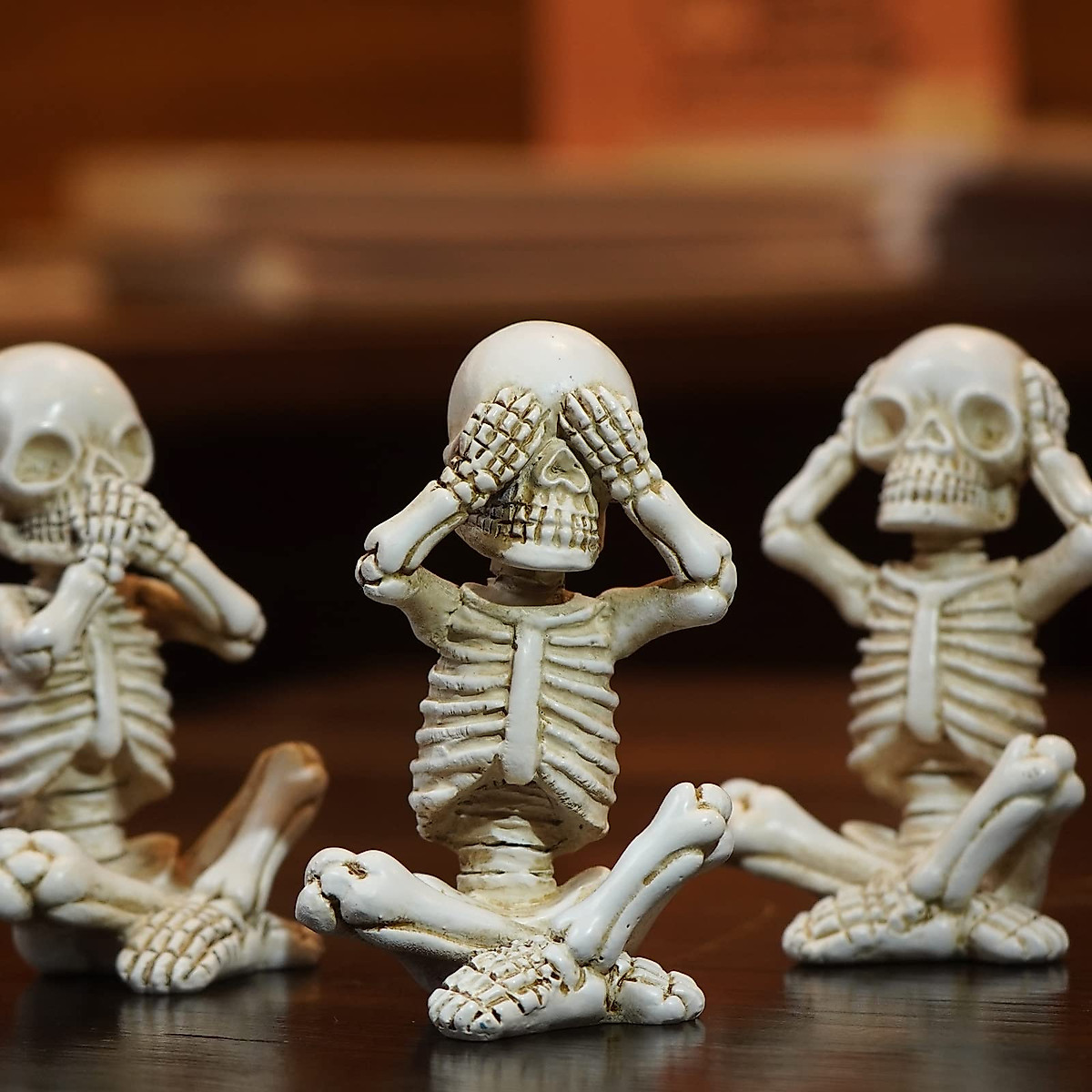 OwMell Set of 3 Skeletons Statue, Yoga Skull Figurine, Hear See Speak No Evil Statue Figurine, Halloween Gothic Home Decor - No Evil