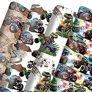 Dtiafu Monster Truck Wrapping Paper for Boys Kids - Racing Car Gift Wrap Paper Bulk Folded Flat for Birthday Baby Shower Holiday - Cartoon Dinosaur in Pickup,Monster Truck Designs Gift Wrapping -
