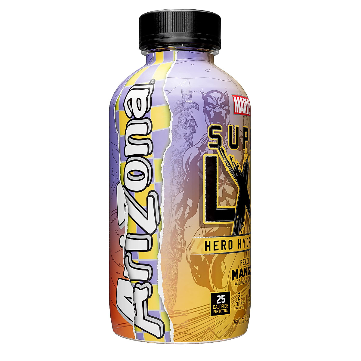 AriZona x Marvel Super LXR Hero Hydration - Peach Mango - 16oz (Pack of 12), Perfect for Athletes, Low Calorie with Electrolytes, Vitamins and Natural Flavors - Thirst Quencher