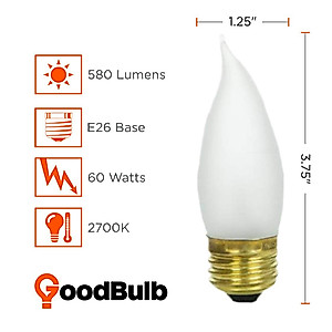 GoodBulb 25 Watt Flame Tip Light Bulbs | CA10 Frosted Finish Medium E26 Base 2700K Soft White EFF | Dimmable 25W 175 Lumens | Decorative Chandelier Bulbs | Incandescent (Pack of 12)