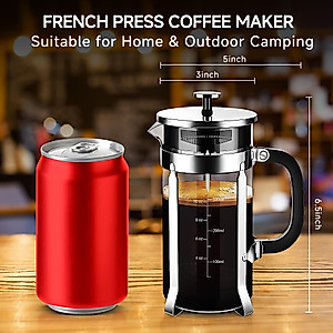 YMMIND French Press Coffee Maker 12oz 304 Stainless Steel Coffee Press,with 4 Filters System, Heat Resistant Thickness Borosilicate French Press Glass, BPA-Free Brewed Tea Pot Coffee Plunger