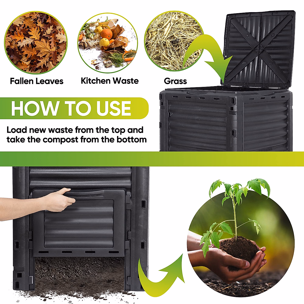 JupiterForce Garden Compost Bin 80 Gallon (300 L) from BPA Free Material, Classic Compost bin by Easy Assembling, Large Capacity, Fast Creation of Fertile Soil, Household Waste Saver, Black