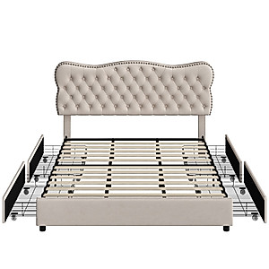 HOSTACK King Bed Frame with 4 Storage Drawers, Upholstered Platform Bed Frame with Button Tufted Headboard, Heavy Duty Mattress Foundation with Wooden Slats, No Box Spring Needed (Beige, King)