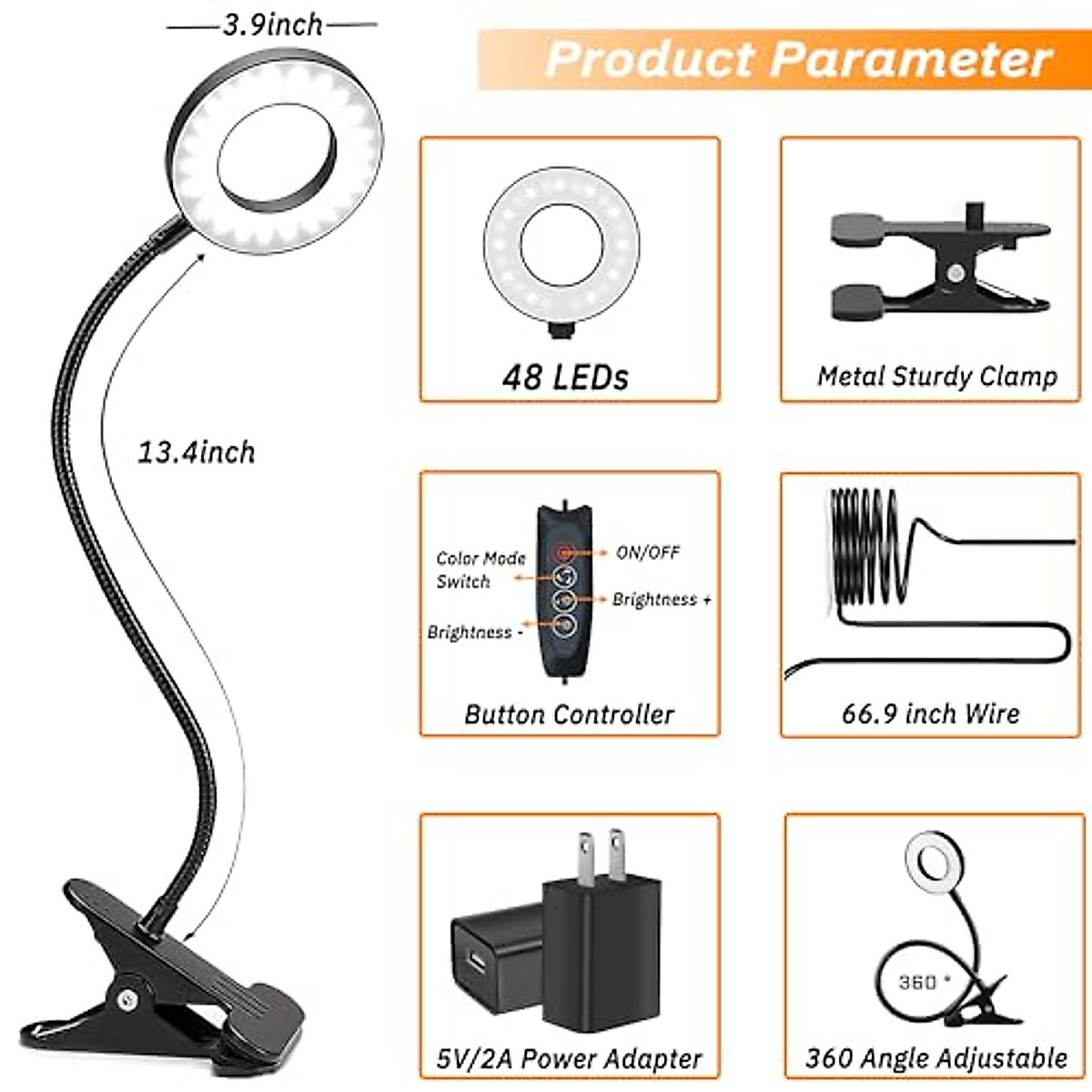 Lypumso Desk Lamp with Adapter, LED Reading Lamp Clip on Light, 3 Color Modes 10 Dimmable Brightness, Perfect Clamp Lamp for Home Office Studying Working Makeup Craft
