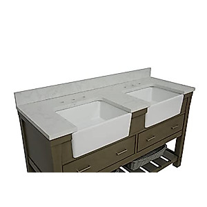 Kitchen Bath Collection Charlotte 60-inch Double Farmhouse Vanity (Engineered Carrara/Weathered Gray): Includes Weatherd Gray Cabinet with Engineered Carrara Countertop and White Ceramic Apron Sinks