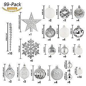 XmasExp 99-Pack Christmas Ball Ornaments Assorted Shatterproof Christmas Tree Decorations with Hand-held Gift Package for Xmas Tree,Home,Party(Silver-White)