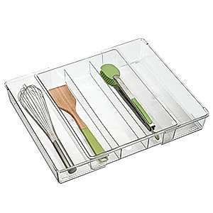 mDesign Adjustable, Expandable Plastic In-Drawer Utensil Organizer Tray Deep 3 Section Divided for Kitchen Organization; Holds Cutlery, Flatware, Silverware, Cooking Utensils, Ligne Collection, Clear