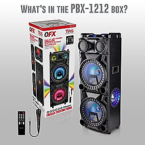 QFX PBX-1212 Bluetooth Rechargeable Dual 12” Woofer with 1” Tweeter Speaker System with Microphone Input, Guitar Input, Aux Input, USB Port, SD Card Port, TWS, Recording, FM Radio, LED Party Lights