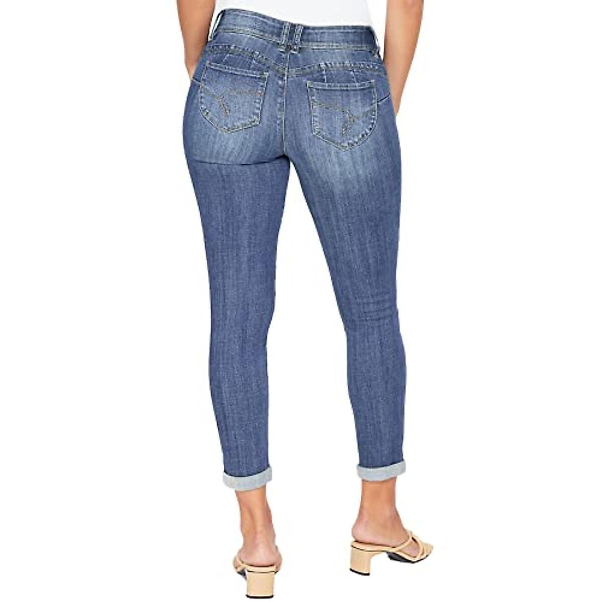 YMI Junior Women’s Wannabettabutt 2 Button Mid Rise Distressed Cuffed Denim Jeans(Medium wash Denim,11)