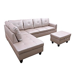 NOTOP 3-Piece Faux Leather L-Shaped Sectional Sofas, Button Tufted Upholstered Couch Set with Left Chaise Longue and Storage Ottoman, for Living Room, Home, Office, Latte