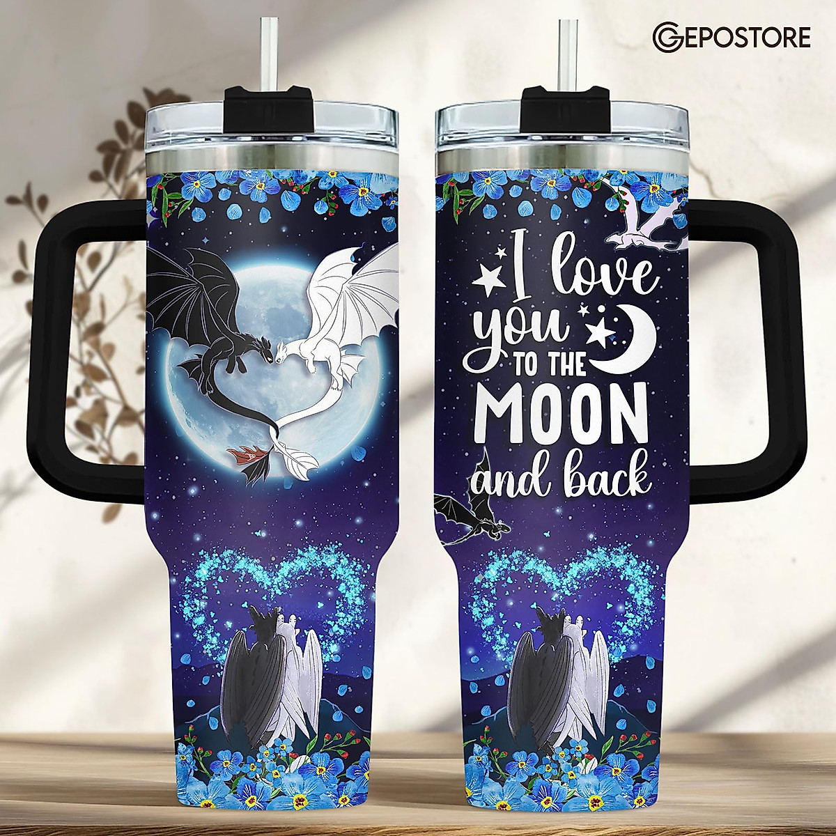 GEPOSTORE Valentines Gifts for Him Her, Dragon Couple 40oz Tumbler with Handle, Movie Characters Cup, Gifts for Cartoon Fan