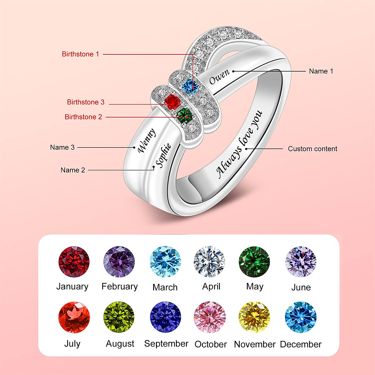 Seecoco Sterling Silver Personalized Mother Rings with 1-8 Simulated Birthstones for Woman Engraved Name Ring Custom Family Ring for Mom, Grandmother in Mother Days, Birthday, Christmas (Color 3)