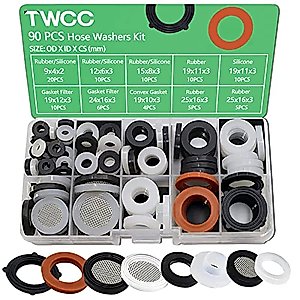 TWCC 90 PCS Flat Rubber Washer Silicone Gasket Kit for 3/4", 1/2", 3/8", 1/4", 1/8" Water Pipe Fittings Assorted Plumbing Hose Shower Head O Ring Garden Hose Sink Faucet Screen Filter Repair