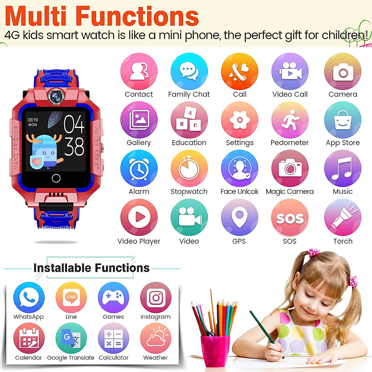 OKYUK 4G Kids Watch Phone T10, Funny 360° Rotation Screen Dual Camera Smart Watch for Boys Girls, IP67 Waterproof, 2-Way Calls, GPS, SOS, Video Calls, Remote Control, Pedometer Smartwatch (Red)
