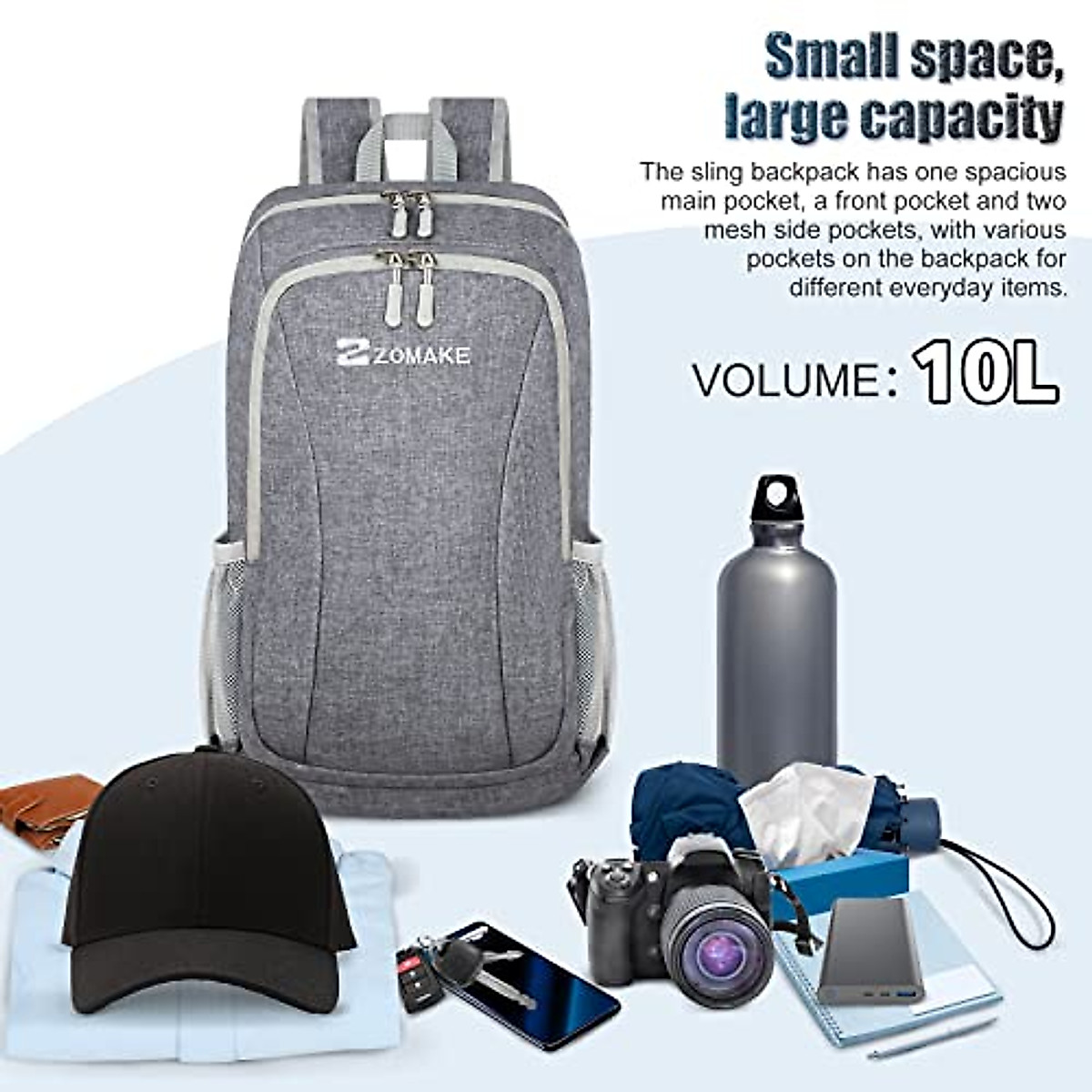 ZOMAKE 10L Ultra Lightweight Backpack:10L Hiking Backpacks - Small Light Weight Back Pack Outdoor Hiking Day Pack for Women Men (Grey)