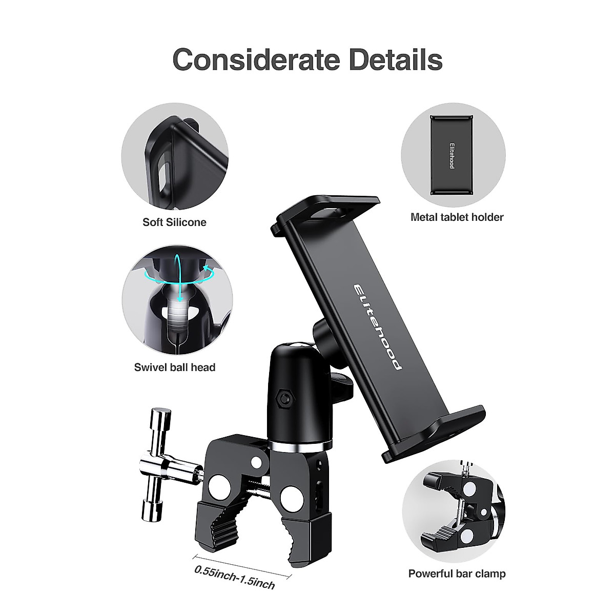 elitehood Metal iPad Mic Stand Holder, 360° Swivel Tilt Microphone Stand Phone Holder Mount, Aluminum Tablet Clamp Adapter for All Phone, iPad Pro 12.9/11, iPad, iPad Mini Air and More 4-12.9" Tablet