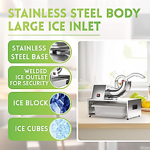 Tzechkii 110V Commercial Snow Cone Machine, ETL Approved 250W Electric Shaved ice Machine, Stainless w/Dual Blades shaved ice maker, Snow Machine with Acrylic Storage Box for Home, Restaurants Bars.