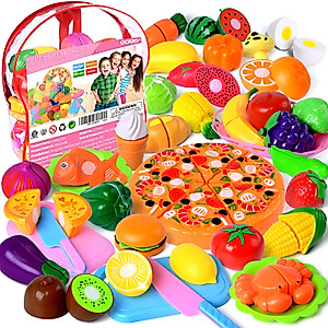 73PCS Cutting Play Food for Kids Kitchen Toys Food Cutting Fruits and Vegetables Accessories Xmas Gifts Toys for Toddlers Boys Girls with Storage Bag