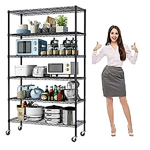 Hudada Garage Shelving 48 inch L×18 inch W×82 inch H Wire Shelving with Wheels Metal Storage Shelves Heavy Duty 6 Tier Adjustable Shelving with Casters for Restaurant Pantry Kitchen Rack - Black