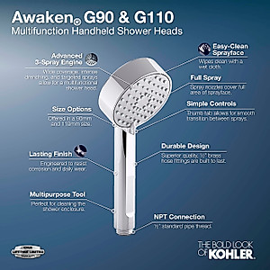 KOHLER 72415-G-BL Awaken G110 Three-Function Handshower, Handheld Showerhead with 3 Spray Settings, 1.75 GPM, Matte Black