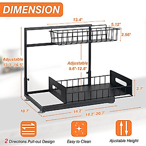 Haturi Under Sink Organizer, 2 Tier Sliding Shelves & Height Adjustable Under Cabinet Storage, Metal Pull Out Shelf and Non-Slip Feet Under Cabinet Sink Organizers and Storage for Kitchen Bathroom