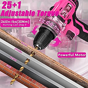 ThinkLearn Tool Kit with 20V Cordless Drill(265in-lbs), Pink Drill Set for Women, Lady's Home Tool Kit for DIY, Daily Repair Tool Set as a Creative Gift with a Large-Capacity Tool Storage Bag