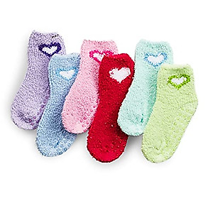 Debra Weitzner 6 Pairs Warm Fuzzy Socks for Kids with Grippers - Non Skid Slipper Socks for Toddlers - Solid Hearts 4-6 Yr