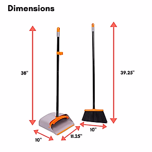 BirdRock Home Broom and Dustpan Set - Lobby Dust Pan - Orange and Grey Durable Set - Indoor or Outdoor - Sweep Combo Great for Kitchen, Home, Garage and Office - Clip On Self Cleaning Bristles