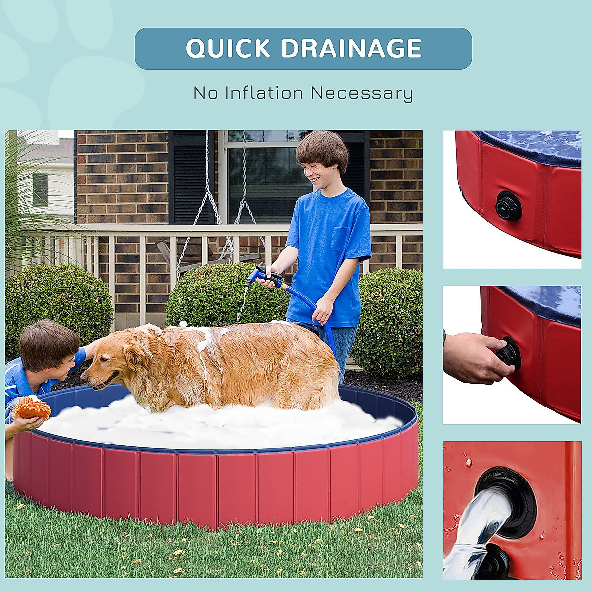 PawHut Foldable Pet Swimming Pool, Portable Dog Bathing Tub, 12" x 63" Plastic Large Dog Pool for Outdoor Dogs and Cats, Red