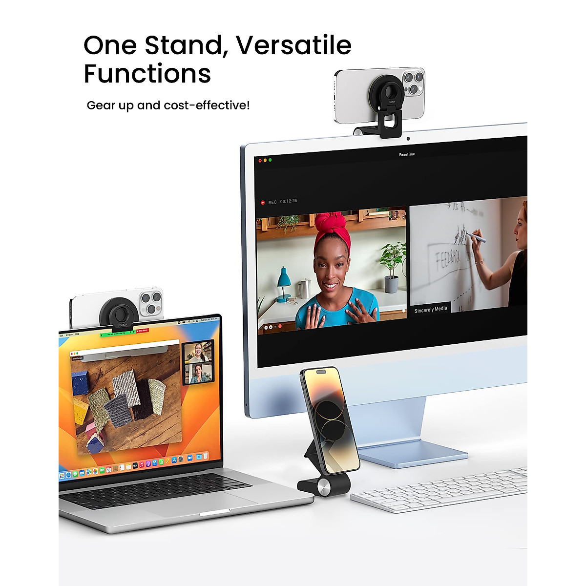 SODI Continuity Camera Mount for Desktop Monitor & iMac Compatible iPhone Webcam Mount with Mag-Safe for Mac and Displays, Mac OS Ventura, Work for Facetime, Desk View, Black
