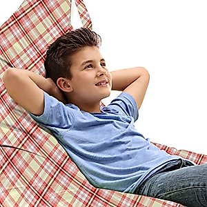 Ambesonne Checkered Lounger Chair Bag, Geometrical Theme Tartan Ornaments Squares and Abstract Gingham Motifs, High Capacity Storage with Handle Container, Lounger Size, Coral and Pale Yellow