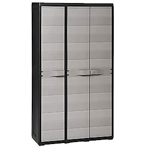 POCREATION Garden Storage Cabinet,Lockable Black&Gray Polypropylene Storage Cabinet Outdoor Storage Shed Cabinet with 4 Shelves for Patio, Tool,Garage Organization