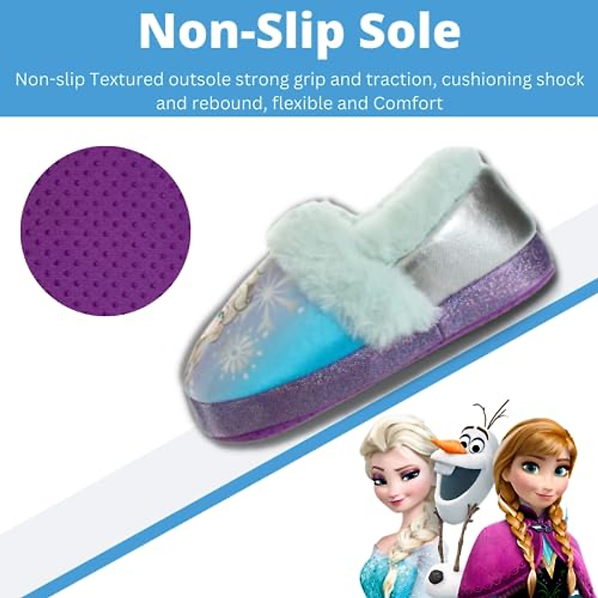 Disney Girls' Frozen Slippers - Plush Fuzzy Elsa and Anna Slippers with Non-Skid Soles (Toddler/Little Kid), Size 9/10, Purple Blue Glitter