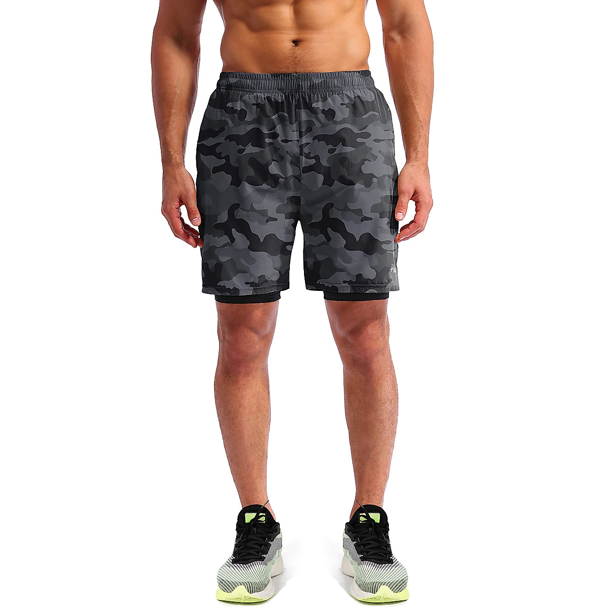 Pudolla Men’s 2 in 1 Running Shorts 7" Quick Dry Gym Athletic Workout Shorts for Men with Phone Pockets(Black Camo Large)