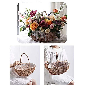 Handwoven Flower Basket with Handle, Willow Storage Basket Empty Wicker Picnic Basket with Plastic Insert, Easter Basket Wedding Flower Girl Baskets for Home Party Decor