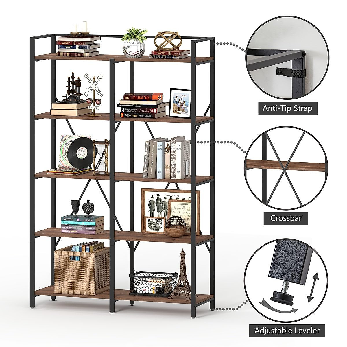 BON AUGURE Industrial Bookshelf, Bookcases and Bookshelves Etagere, Tall Large Farmhouse Book Shelves, 5 Tier Open Bookcase, Wood Metal Shelving Unit for Bedroom, Office (Rustic Oak)