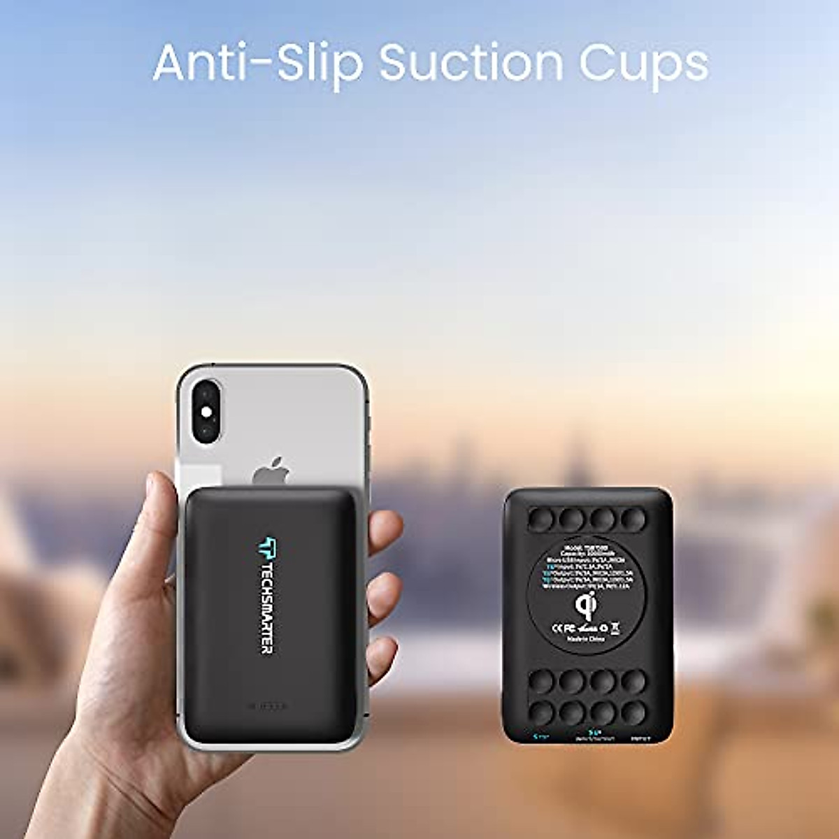 TECHSMARTER 10000mAh 18W USB-C PD Wireless Power Bank Portable Charger with Anti-Slip Suction Cups. Compatible with iPhone 15, 14, 13, 12, 11, SE, X, XR, XS, Samsung S23, S22, S21, S20, S10, S9