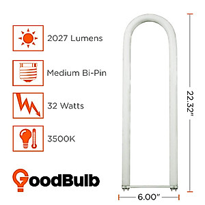 GoodBulb 32-Watt 6 Inch T8 Fluorescent U-Bend Light Bulb | 3500K Soft White Light Color | Medium Bi-Pin Base | High Output 2027 Lumens | 10000 Life Hours 80 CRI | Pack of 10 Bulbs
