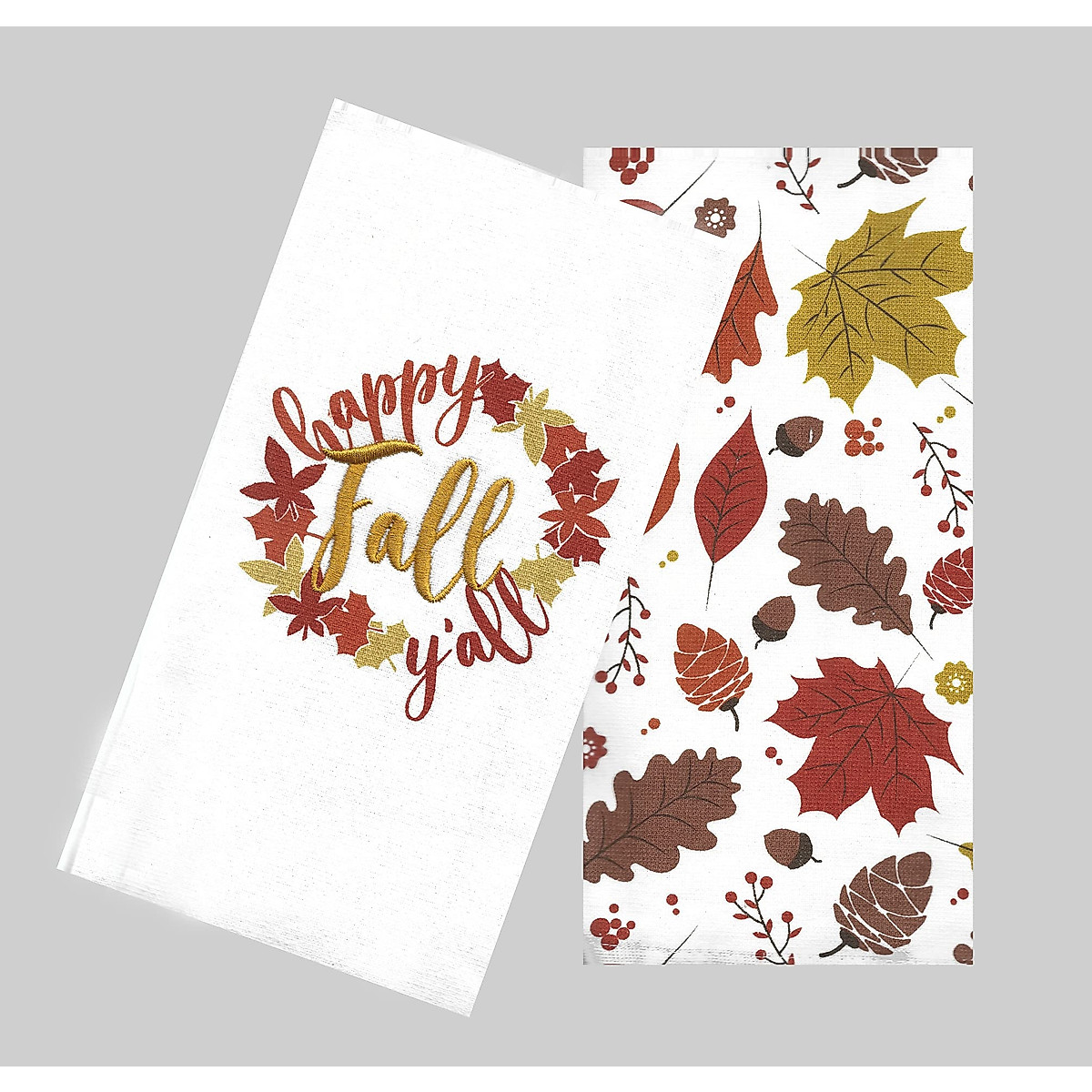 Mainstream Fall Kitchen Towels, Set of 2, Happy Fall Y all with Tossed Leaf Acorn Print Cotton Dual-Sided Terry Dishtowels Drying Cloth 16*26 inches White, Rust, Gold, Tan, Brown
