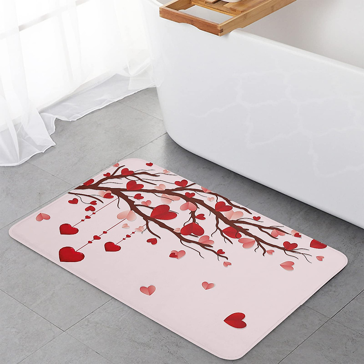 Valentine Bath Rugs Love Heart Tree Bathroom Rugs Pink Red Romantic Love Sponge Doormat Absorbent Non Slip Backing Soft Flannel Mat Memory Foam Mats Carpet for Bathroom Kitchen, 20 x 31.5 inches