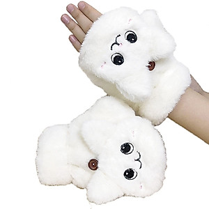 Women Winter Cute Cartoon Fur Rabbit Mittens Fingerless Gloves Plush Warm Glove Soft Thick Flexible Half Finger Gloves (Color : White, Gloves Size : One Size)